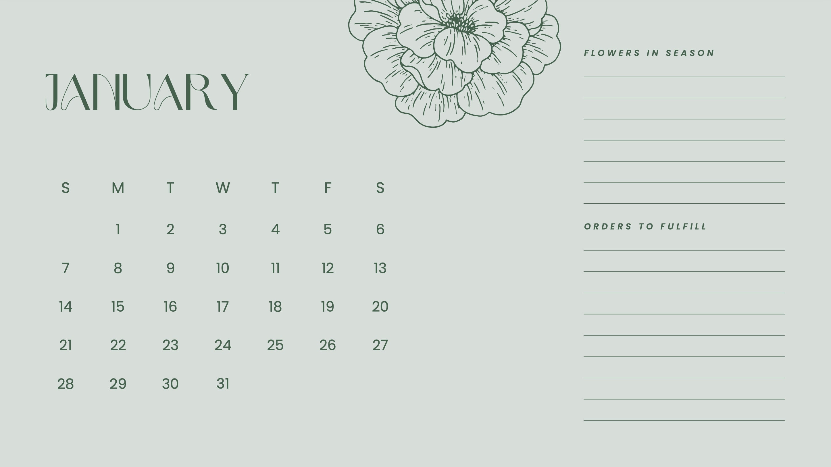 Digital File Florist Calendar 2024 Green Minimalistic Cute Flower ...