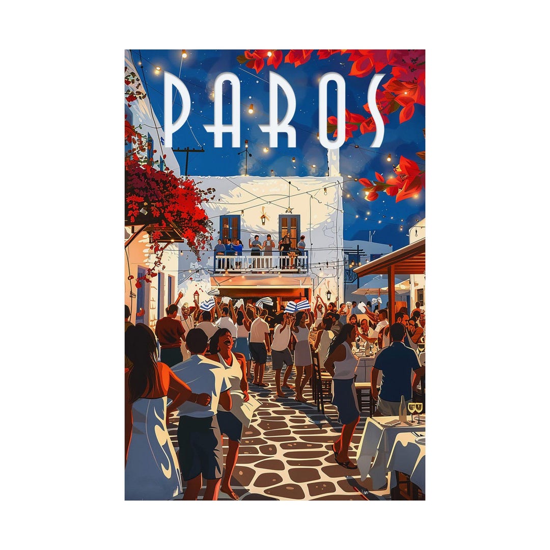 Paros Island Art Print: Greek Travel Poster, Festive Celebration - Etsy