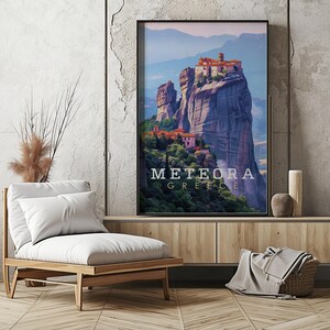 Vintage Travel Matte Vertical Posters, Meteora Greece Monasteries Print ...