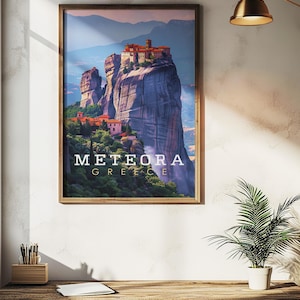 Vintage Travel Matte Vertical Posters, Meteora Greece Monasteries Print ...
