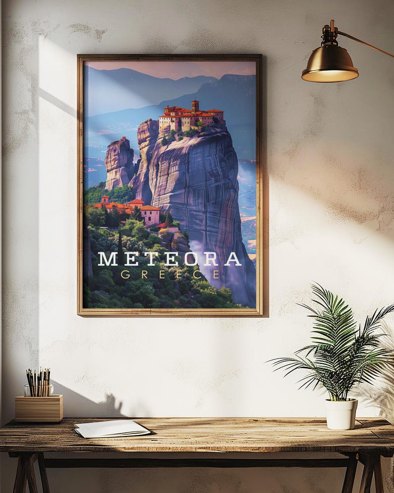 Meteora Greece Print: Vintage Travel Poster, Monasteries Wall Art - Etsy