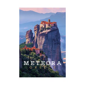 Vintage Travel Matte Vertical Posters, Meteora Greece Monasteries Print ...