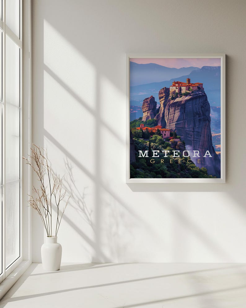 Meteora Greece Print: Vintage Travel Poster, Monasteries Wall Art - Etsy