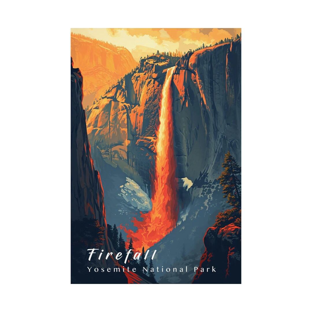 Yosemite Travel Print: Retro National Park Poster Firefall Art Yosemite ...