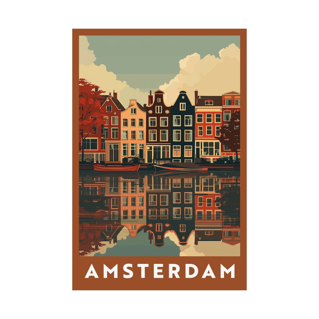 Amsterdam Canal Print: Retro Dutch Row Houses, Netherlands Travel Art ...