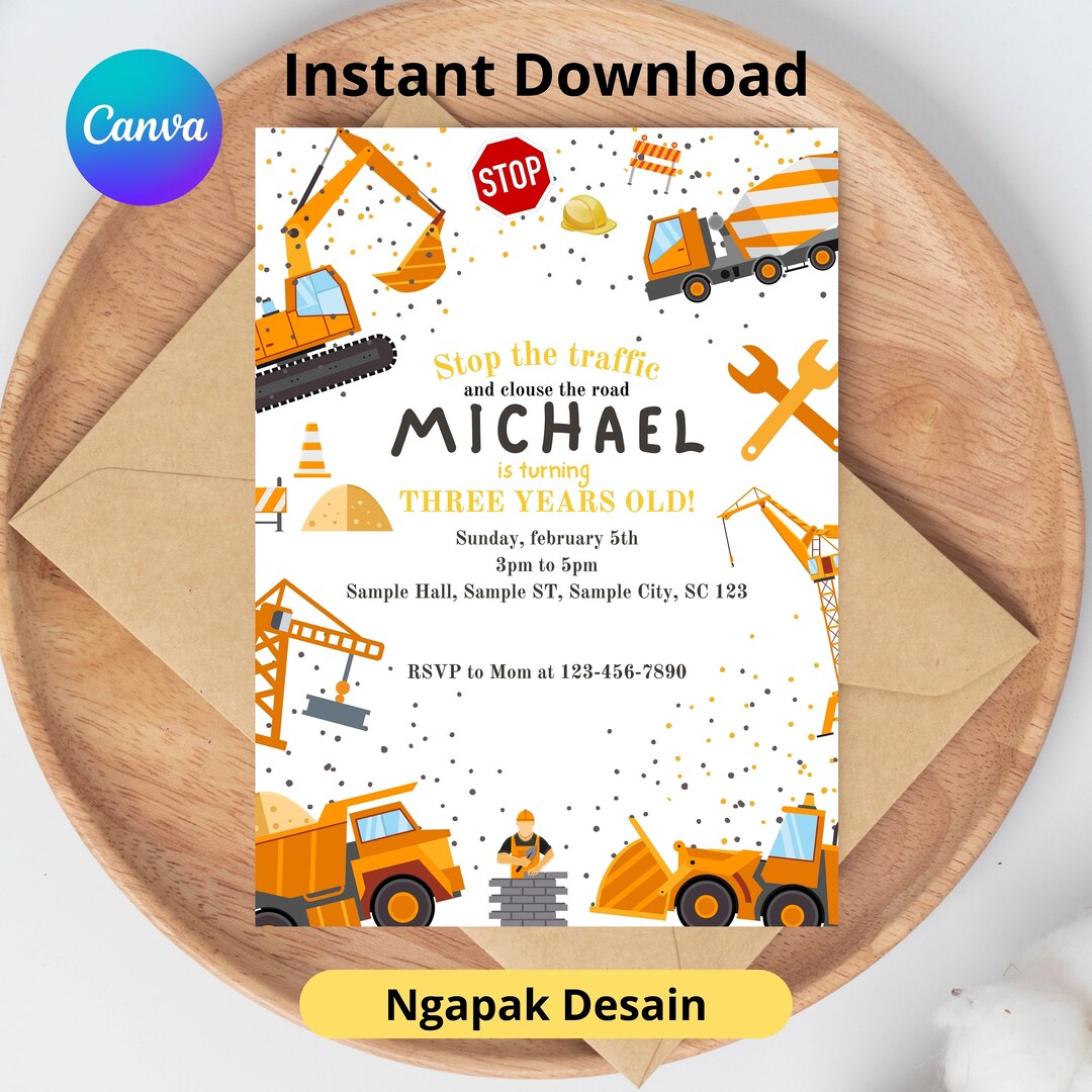 Editable Construction Birthday Party Invitation Template, Construction ...