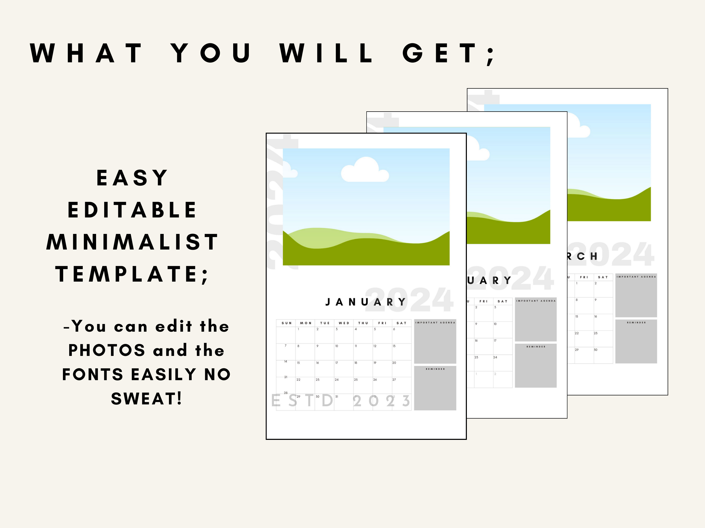 2024 Modern Minimalist Aesthetic Calendar Template for Canva and ...