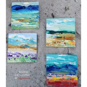 Mini Abstract Square Painting Green Blue Marine Original Art Cardboard ...