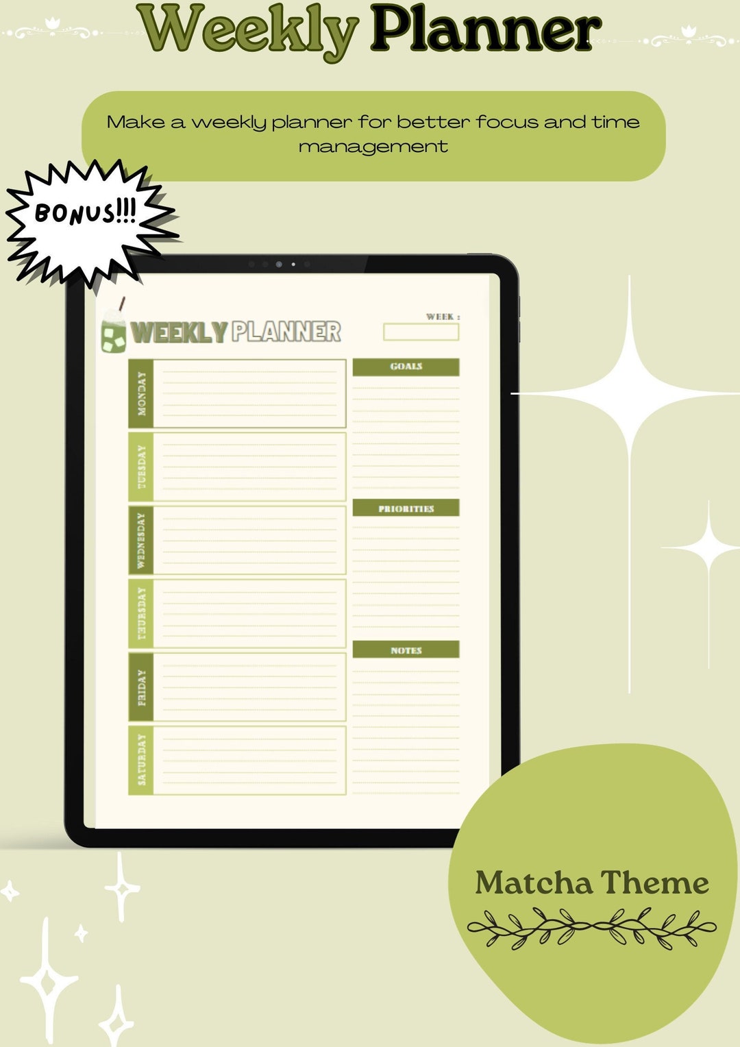 Matcha Weekly Planner | Weekly Digital Planner | Weekly Organizer ...