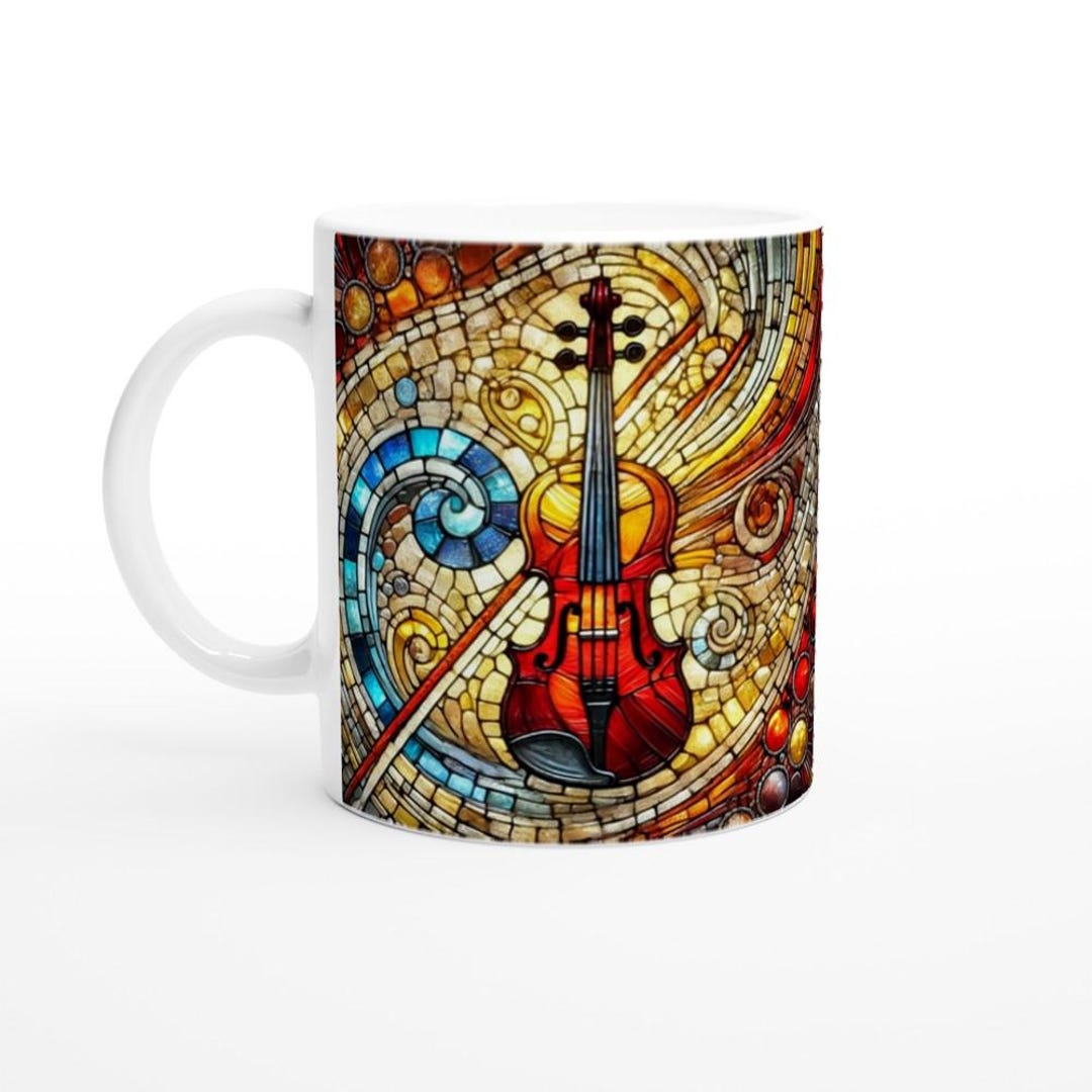 Colorful Stained Glass Mosaic Violin Mug - 11oz White Ceramic Mug for ...