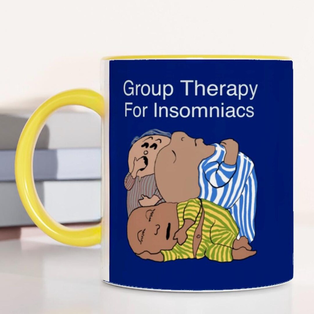 Quirky Insomnia Mug, Men – Hand-drawn Cartoon, Group Therapy for Sleep ...