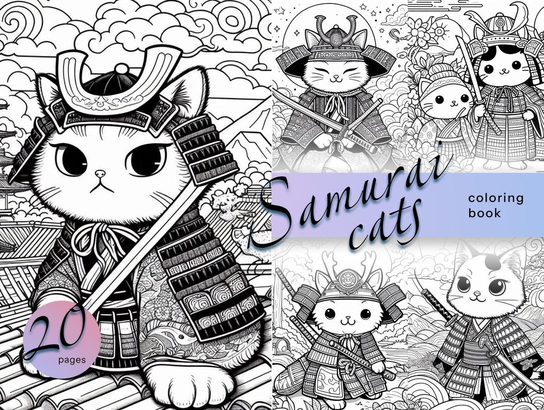Samurai Cats Coloring Book | 20 Printable Pages | Japanese Warrior Cats ...