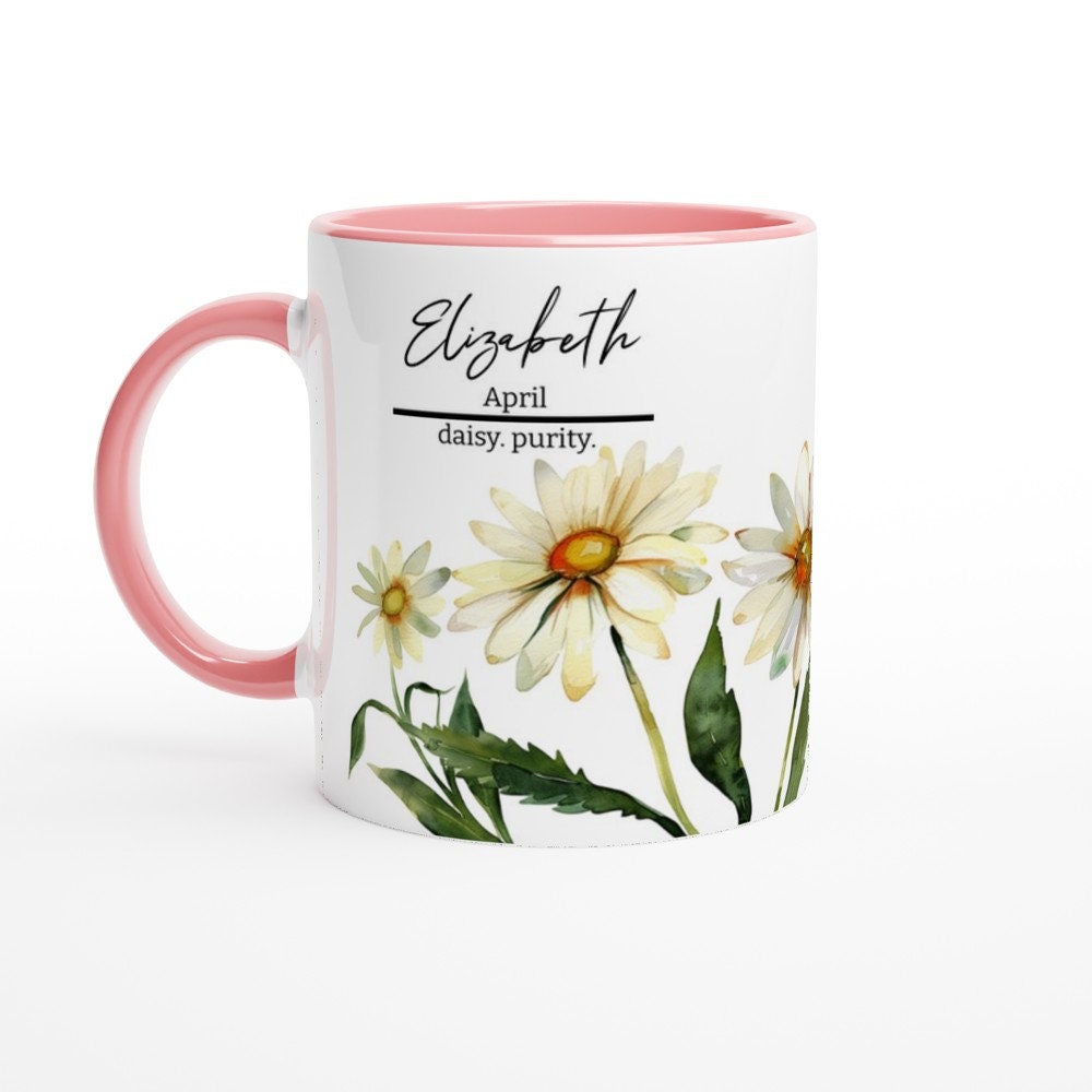 Personalized April Birth Flower Mug, Watercolor Daisy, Custom Name Gift ...