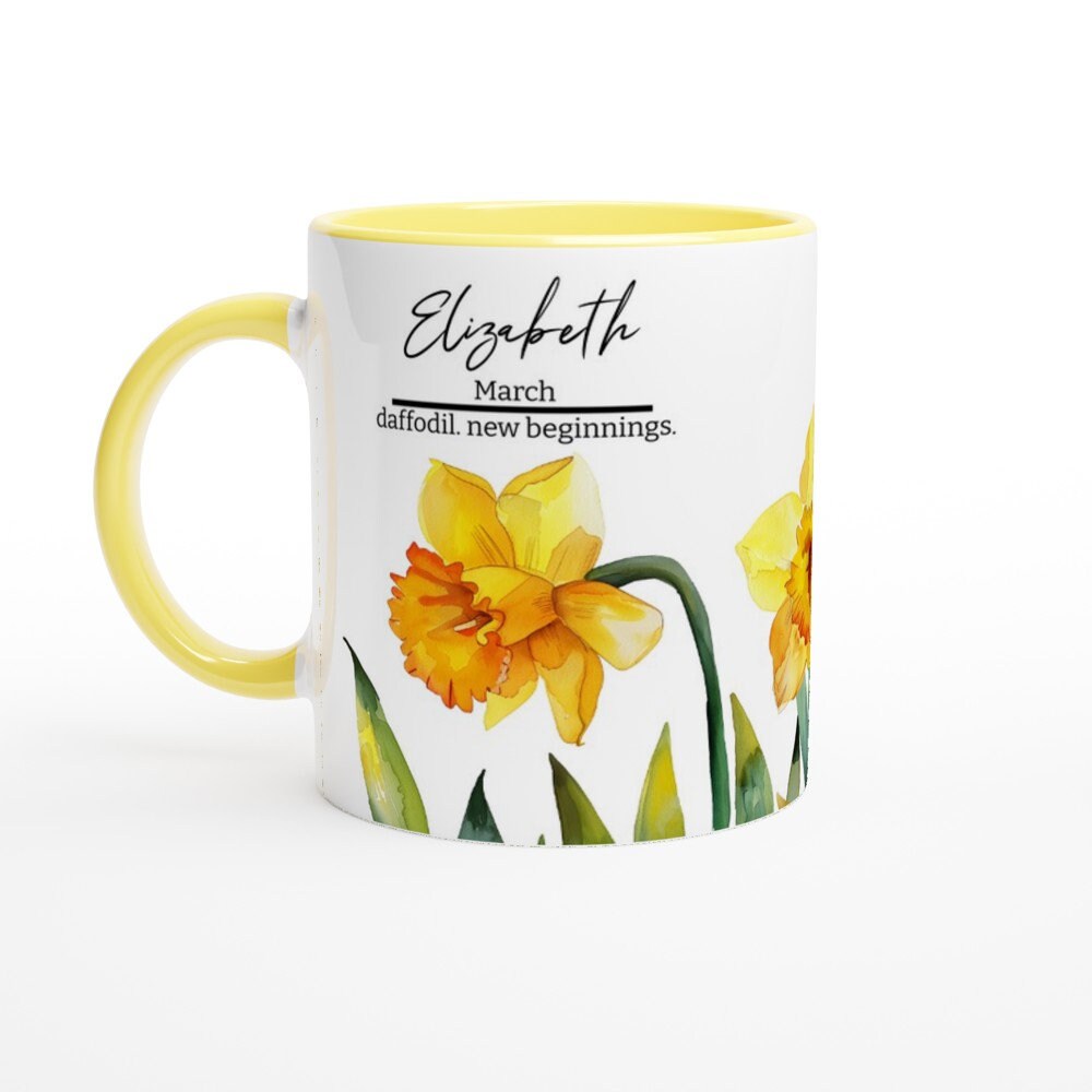 Personalized March Birth Month Flower Mug, Watercolor Daffodil Floral ...