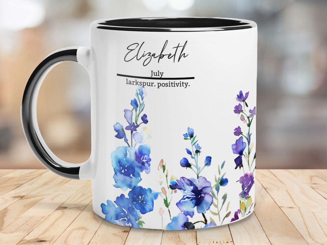 Personalized July Birth Month Flower Mug, Watercolor Larkspur Flower ...