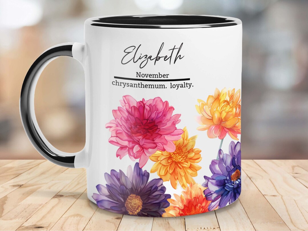 Personalized November Birth Flower Mug: Watercolor Chrysanthemum Floral ...