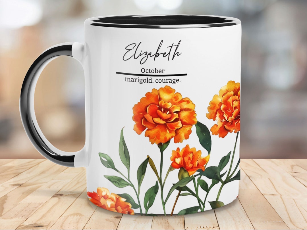 Personalized October Birth Flower Mug, Watercolor Marigold Coffee Cup ...