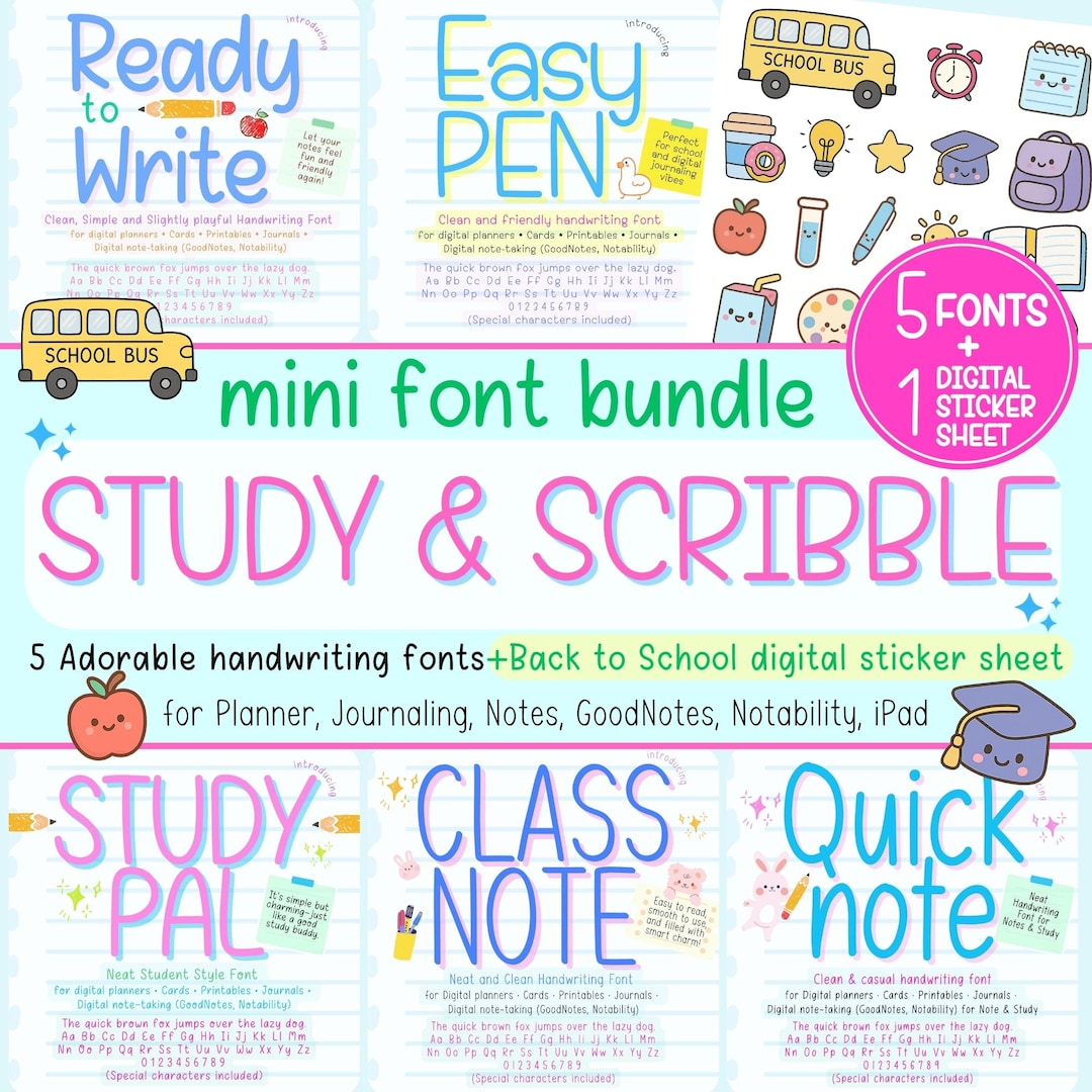 Study & Scribble Font Bundle | 5 Cute Handwritten Fonts + FREE Kawaii ...