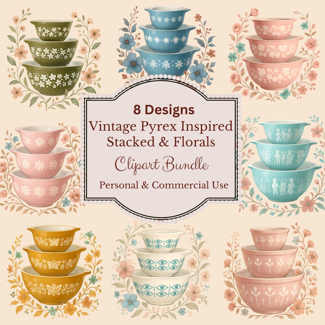 Vintage Pyrex Bowl Stacks Inspired & Florals PNG Clip Art Bundle ...