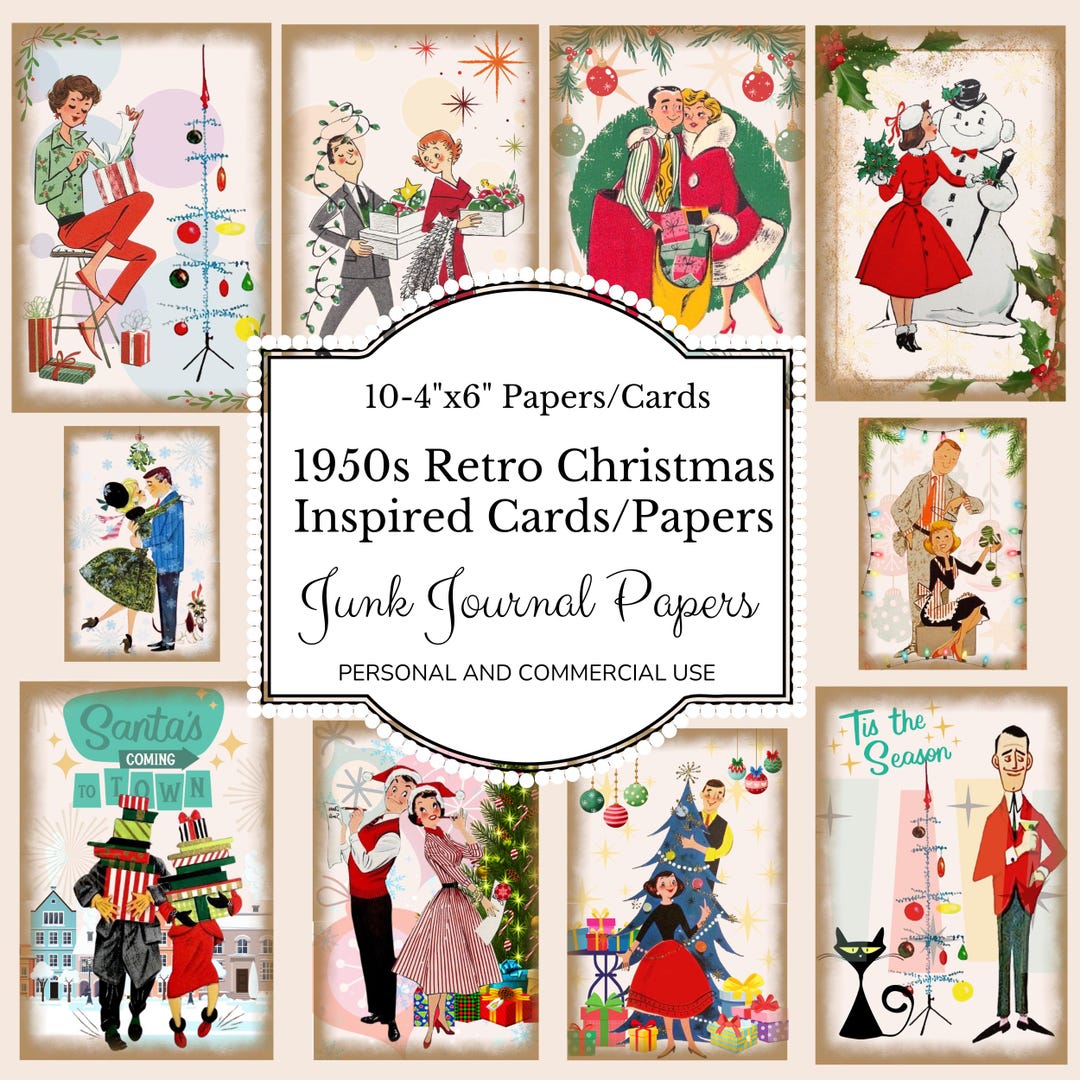 Retro 1950s Christmas Junk Journal Cards Paper, 4"x6" Ephemera, Diorama ...