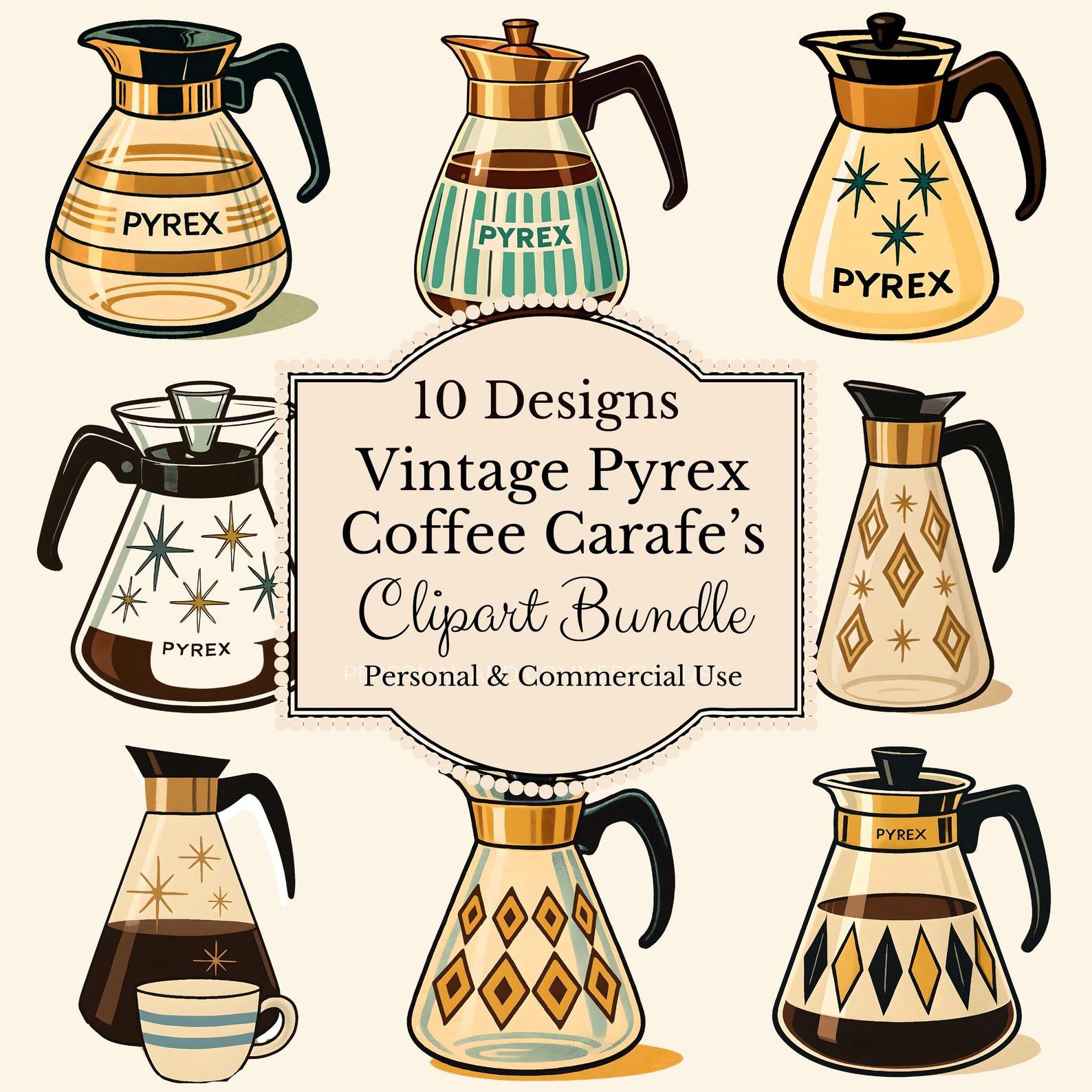 Vintage Pyrex Coffee Carafe Clipart Bundle - 10 Designs PNG - Pyrex ...