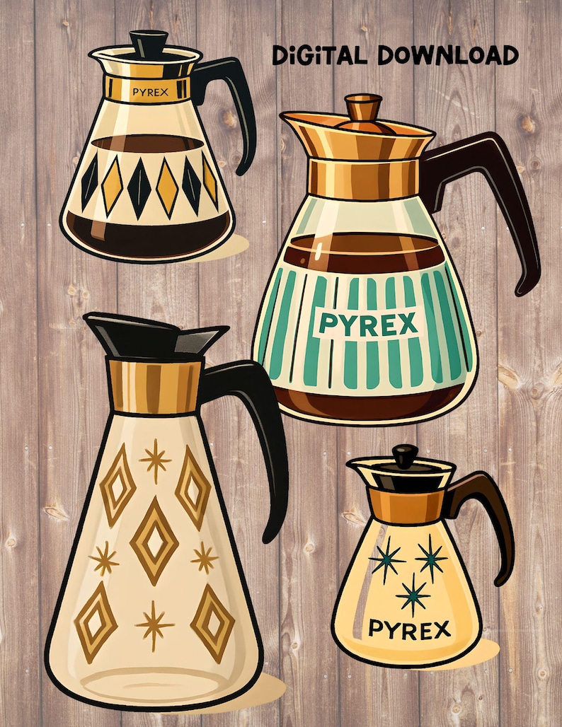 Vintage Pyrex Coffee Carafe Clipart Bundle - 10 Designs PNG - Pyrex ...
