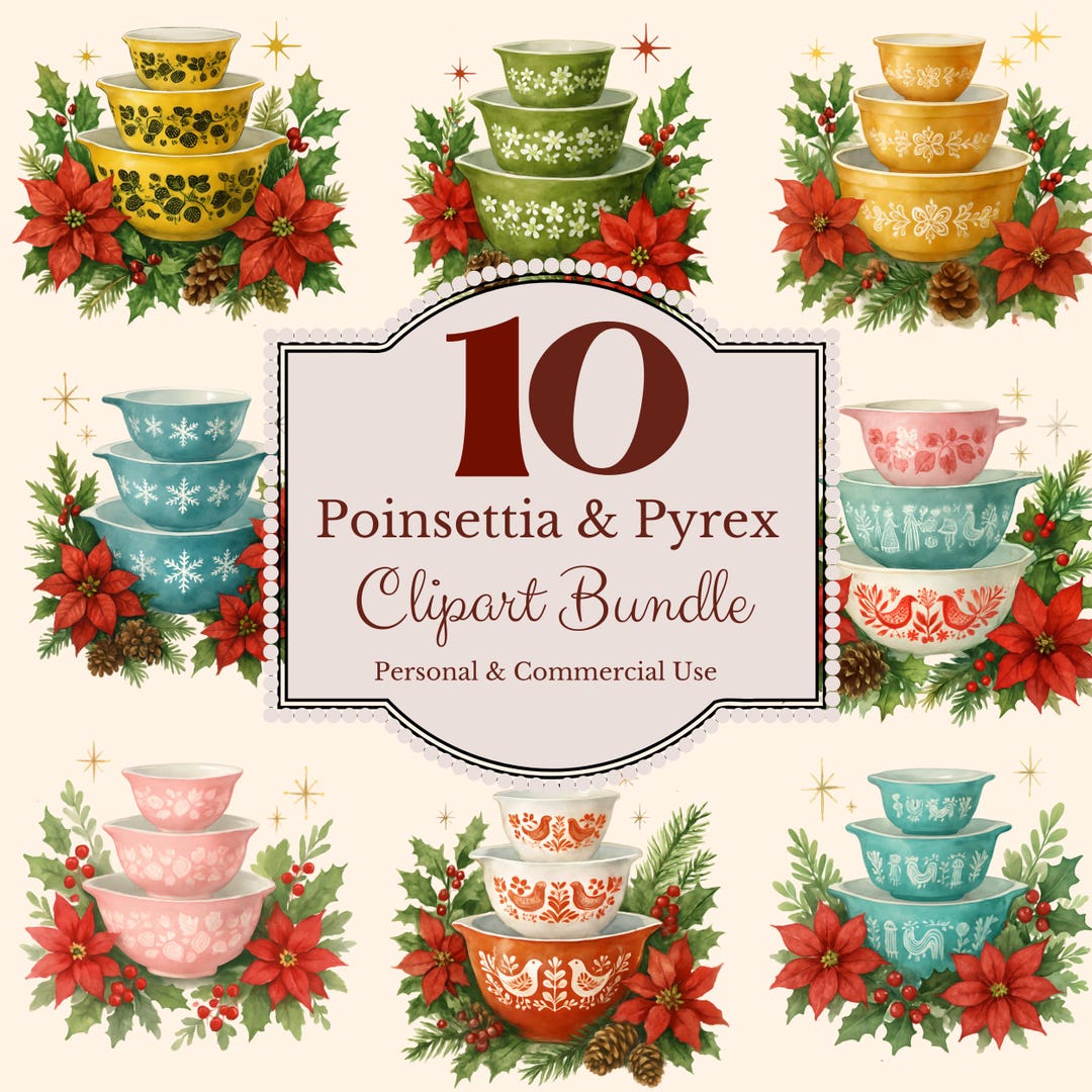 Poinsettias and Pyrex Bowl Stack, PNG Bundle T-shirt Design, Vintage ...