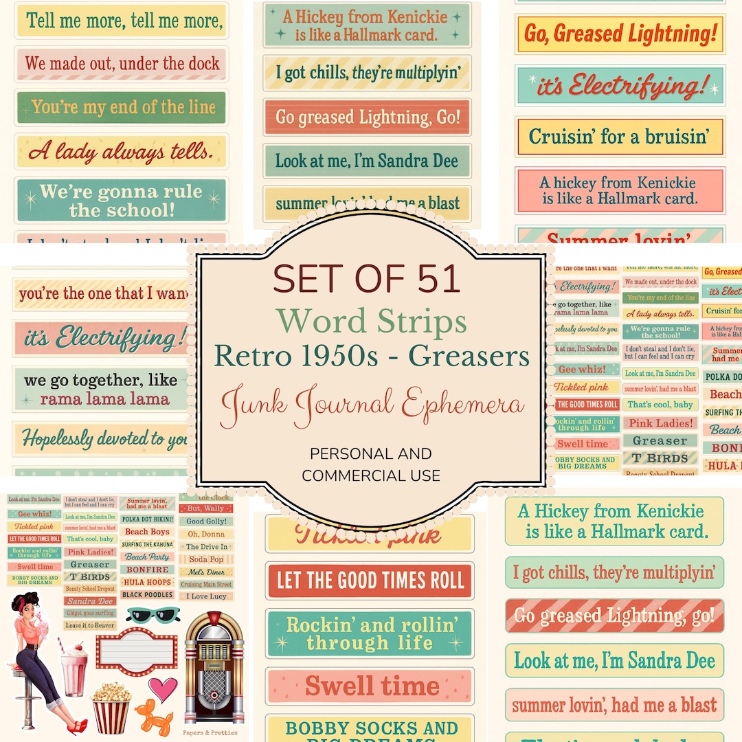 Retro 1950s Greaser Junk Journal Word Strips Quotes Quotes Sentiments ...
