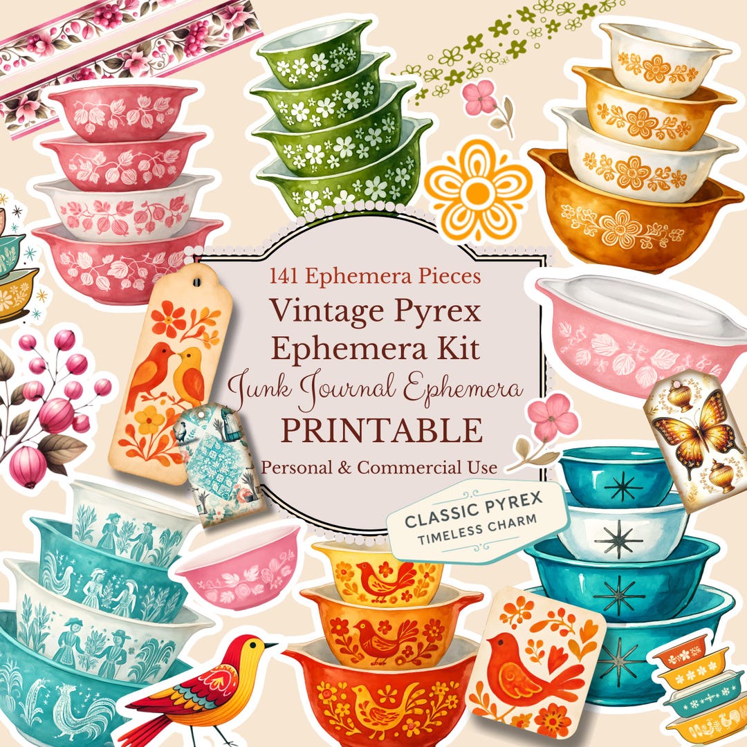 Junk Journal Vintage Pyrex Ephemera Kit - Fussy Cuts, Cards, Tags, Tape ...