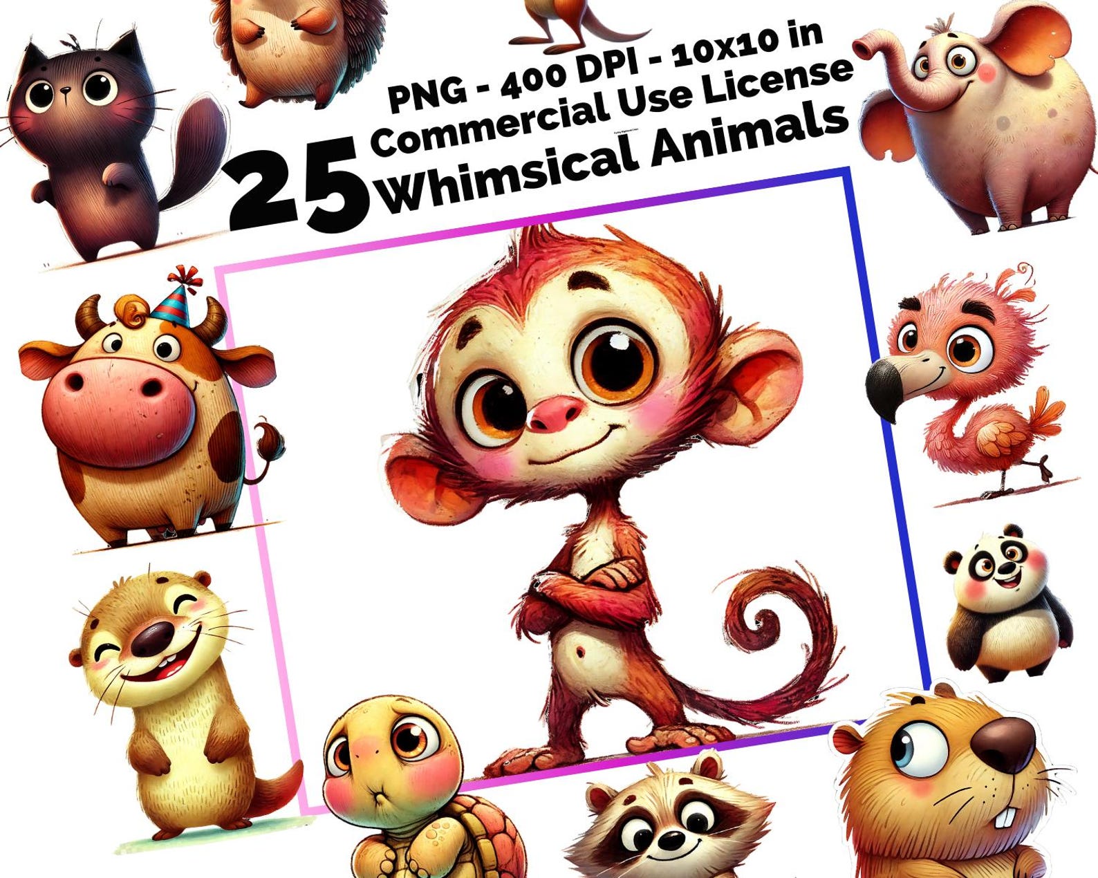Whimsical Animal Clipart - 25 Cute Animal Pngs, 10x10 In, 400 DPI ...