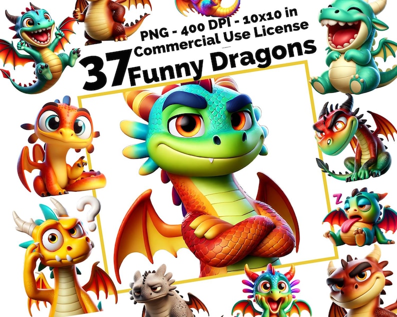 Funny Dragon PNG Bundle 37 Cute Cartoon Dragons Clipart Transparent ...