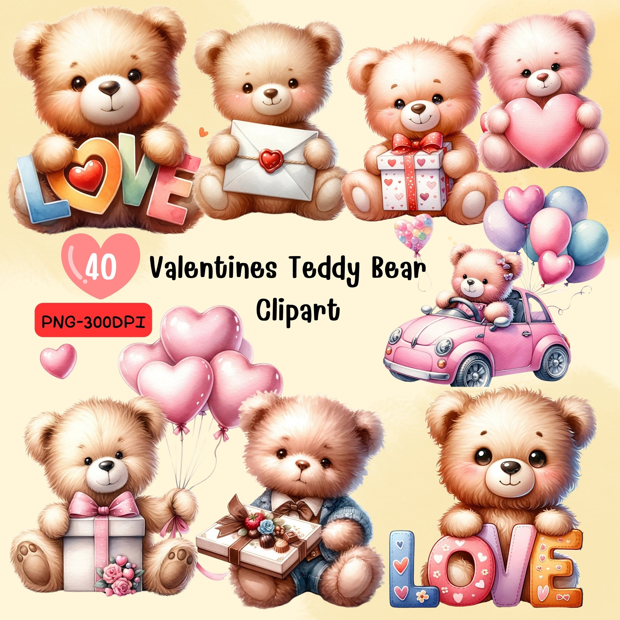 Watercolor Valentines Teddy Bear Clipart,40 PNG, Valentines Teddy Bear ...