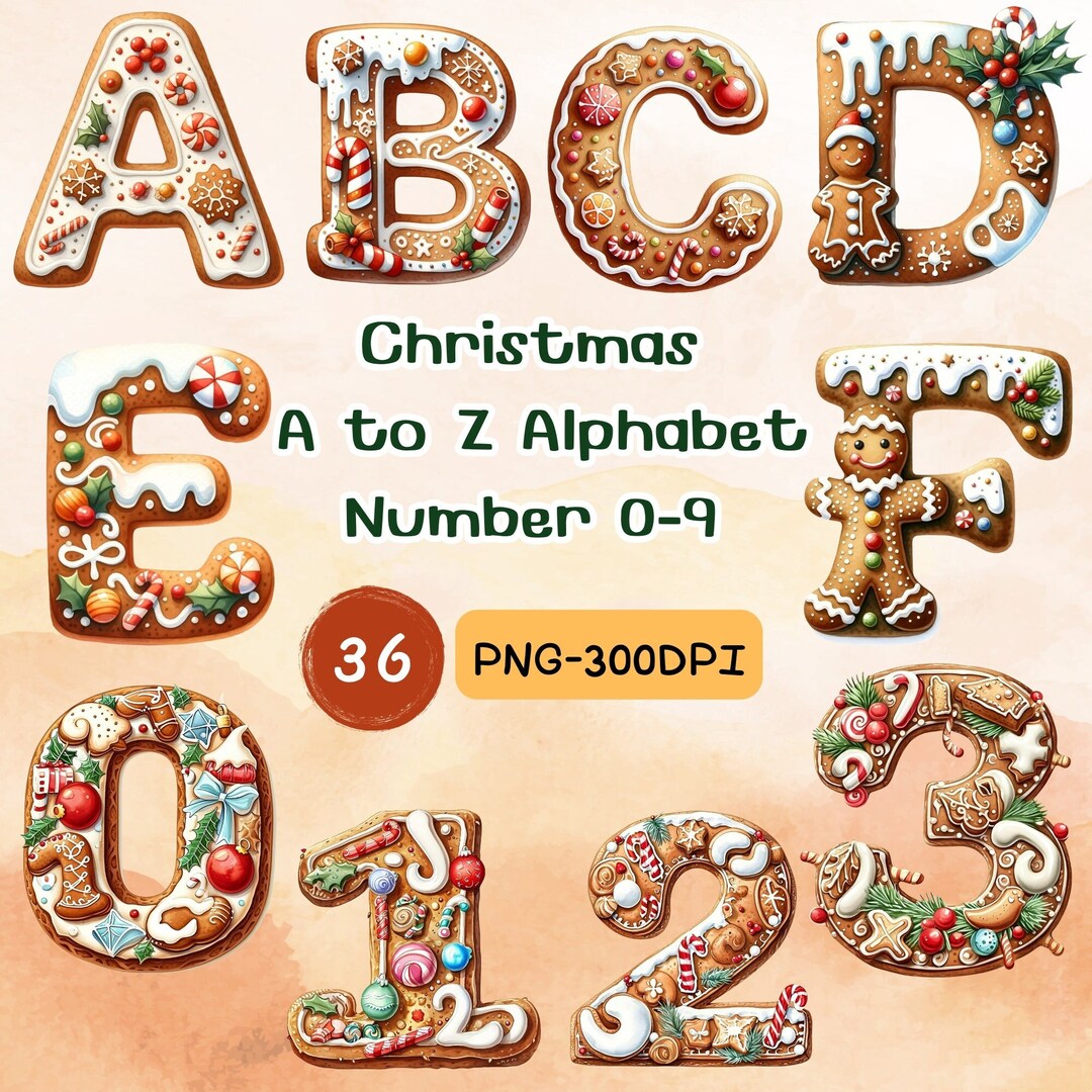 Christmas Alphabet A-Z and Numbers Clipart Letters 300dpi Transparent ...