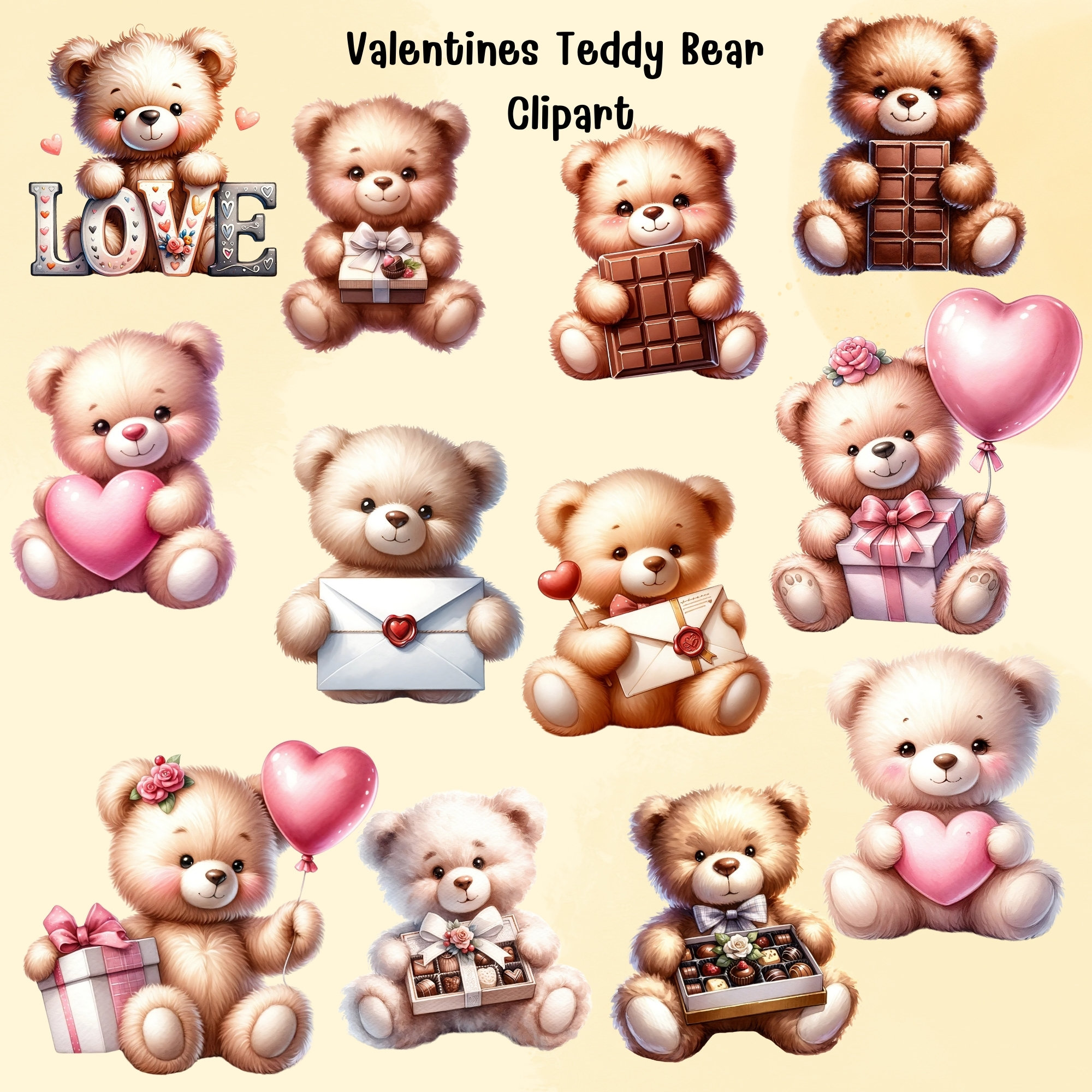 Watercolor Valentines Teddy Bear Clipart,40 PNG, Valentines Teddy Bear ...