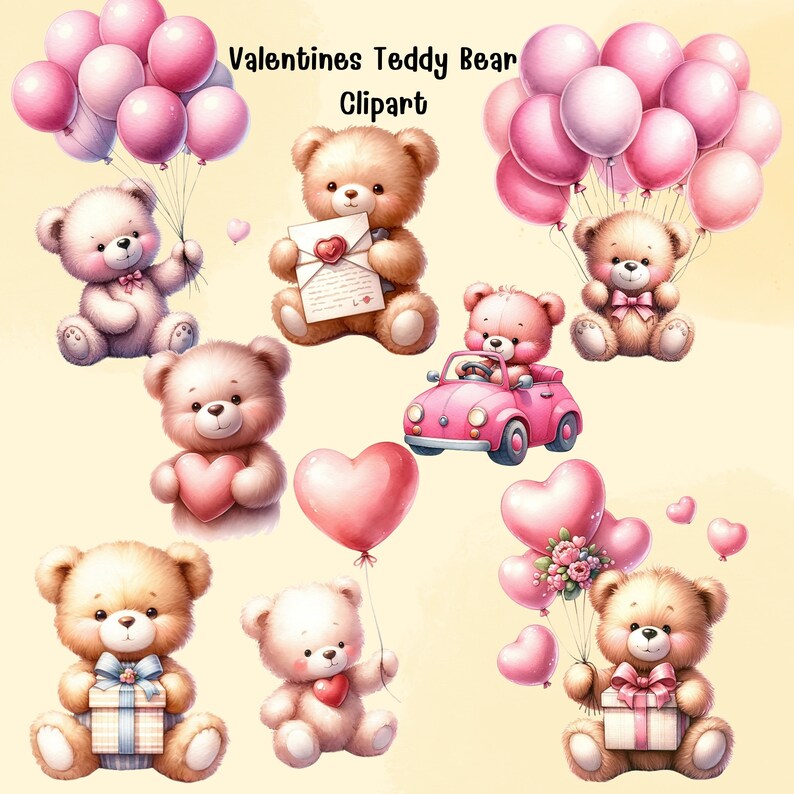 Watercolor Valentines Teddy Bear Clipart,40 PNG, Valentines Teddy Bear ...