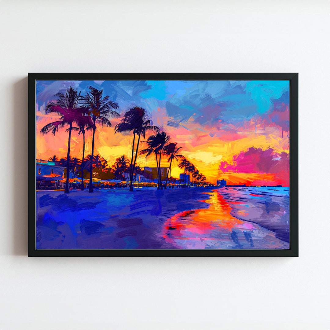 Miami Beach Sunset Art Print Print, Wall Canvas Painting - Etsy