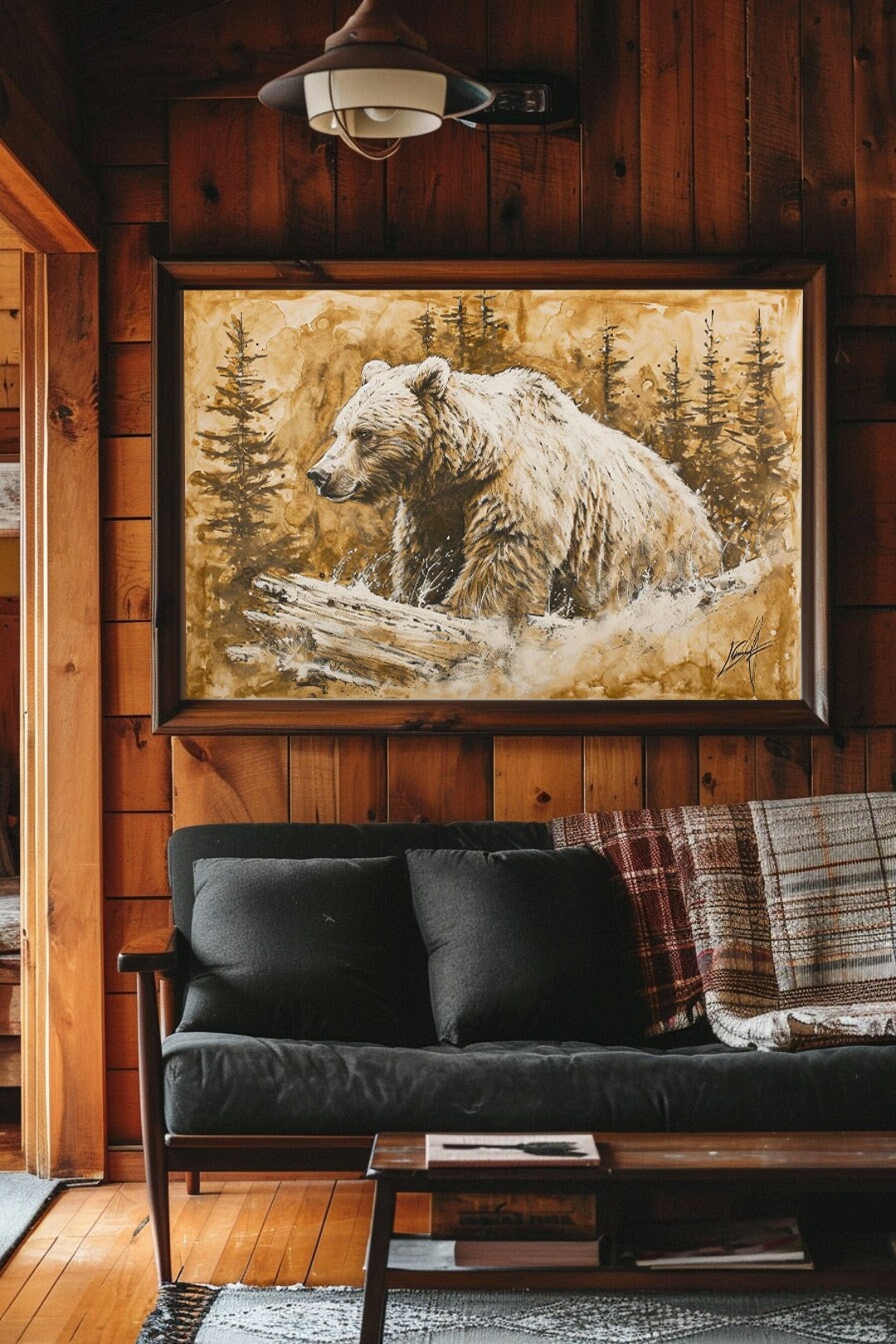 Rustic Bear Cabin Wall Art,canvas Decor, Brown Bear Oil Painting Print ...