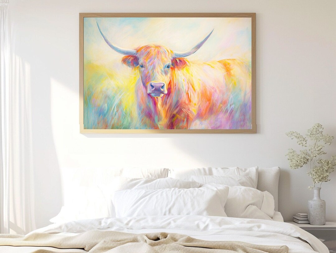 Pastel Highland Cow Wall Art Print, Framed Canvas Painting - Etsy