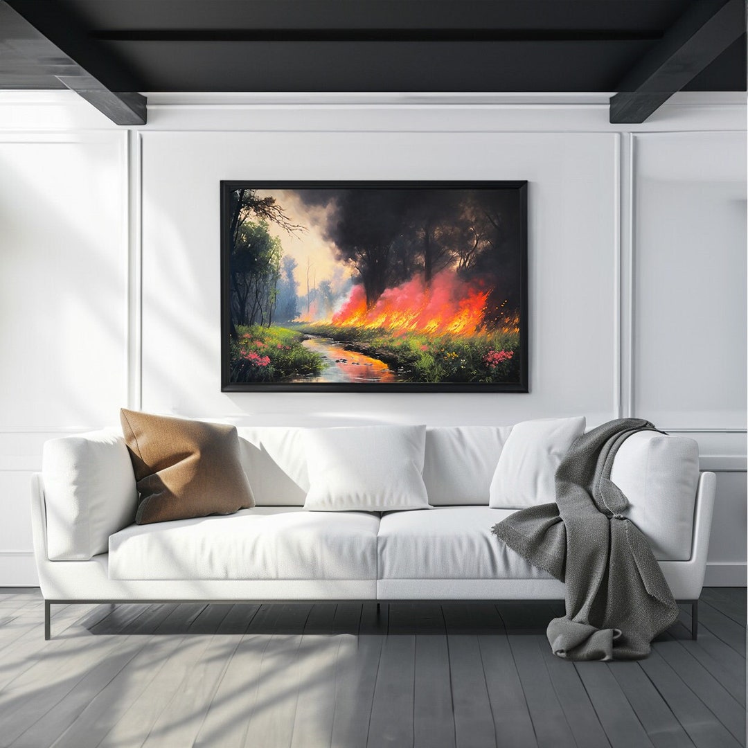 Wildfire Painting, Forest Fire Art Print Canvas, A Painting of A Fire ...
