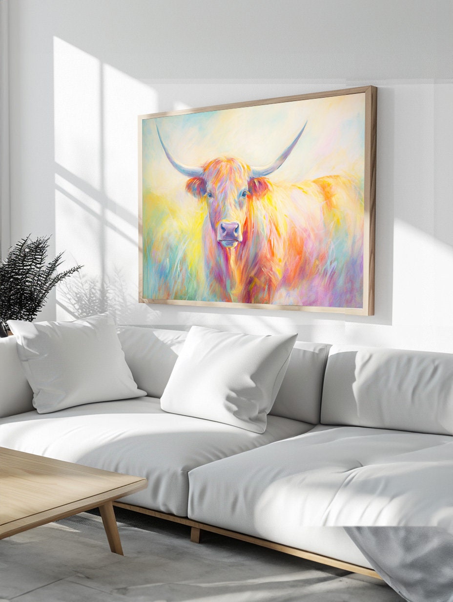 Pastel Highland Cow Wall Art Print, Framed Canvas Painting - Etsy