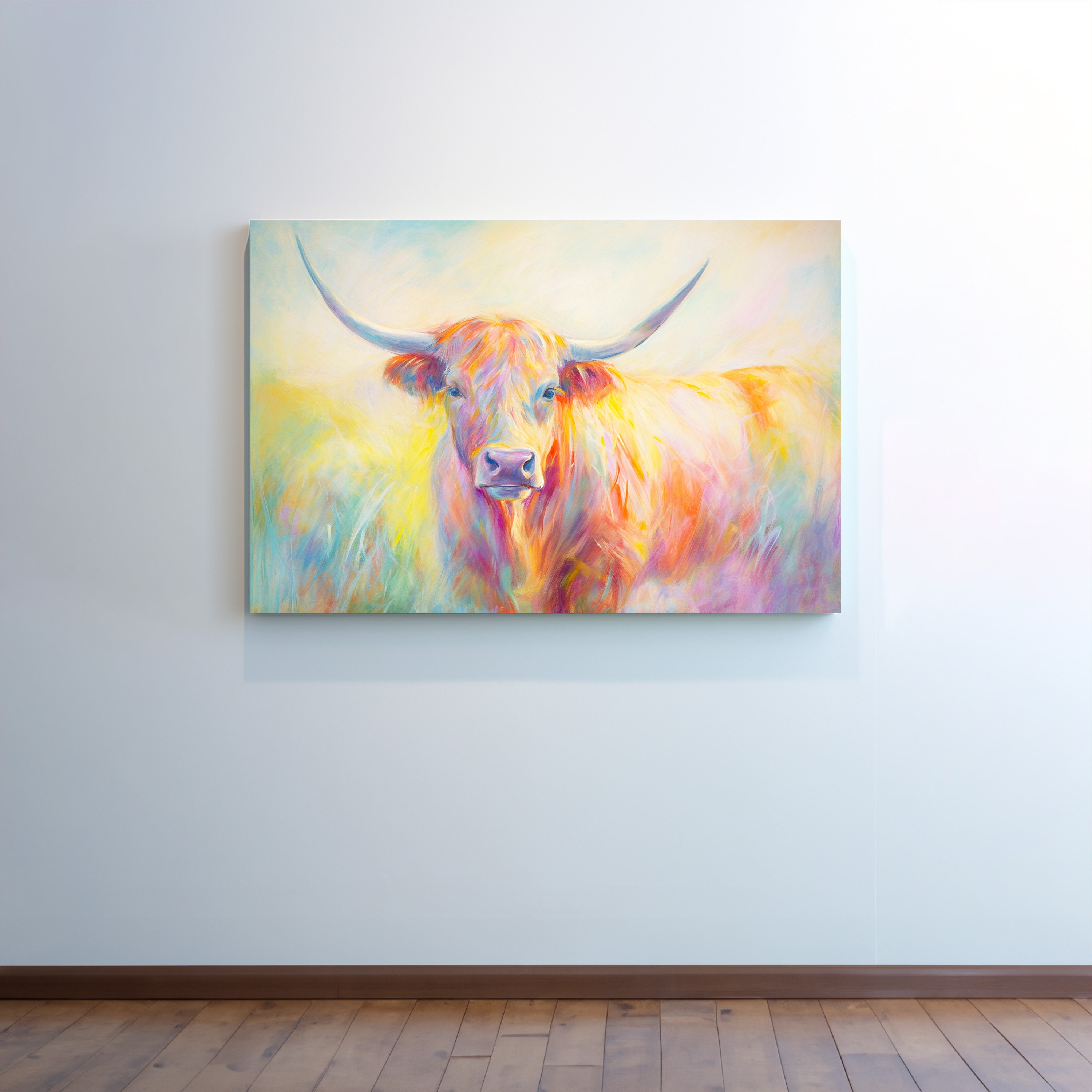 Pastel Highland Cow Wall Art Print, Framed Canvas Painting - Etsy