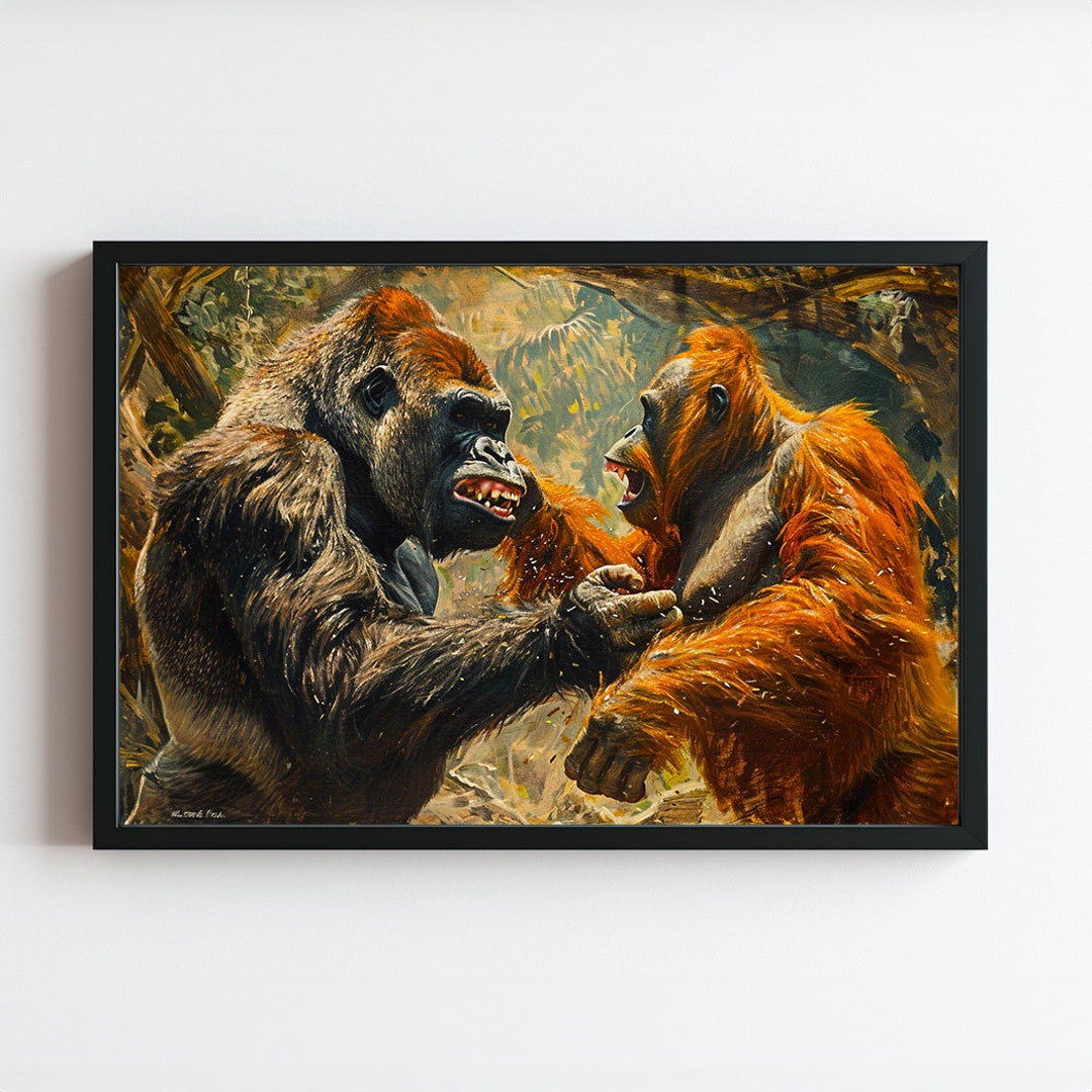 Gorilla Fighting Orangutan Art, Zoo Wall Print, Minimal Framed Ape Wall ...