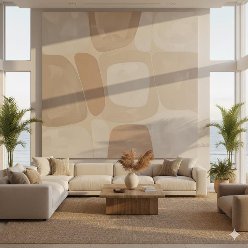 Large Neutral Art: Abstract Muted Tan Living Room Wall Canvas. Painting ...