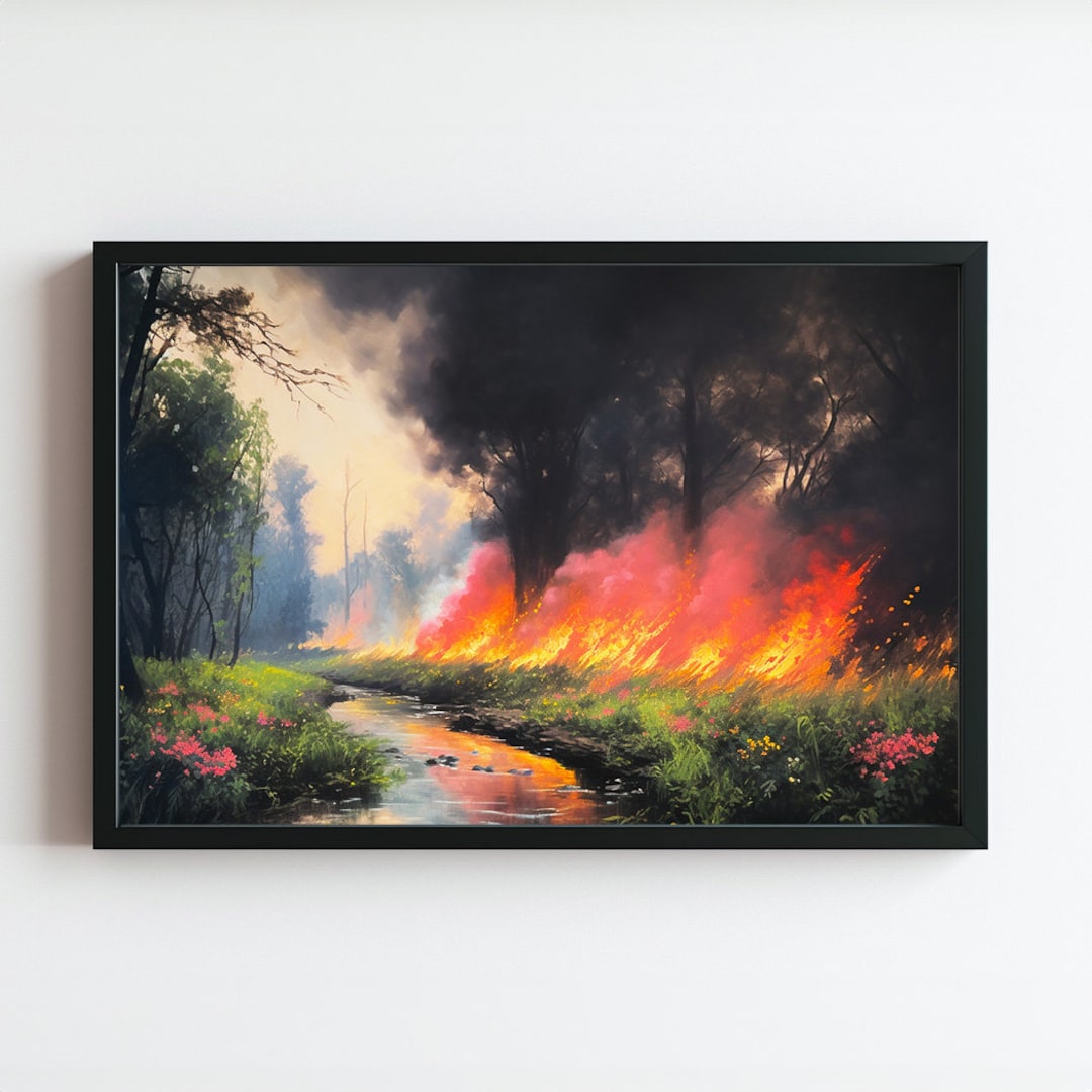 Forest Fire Art Print, Wildfire Wall Decor, Fiery Wildland Forest ...