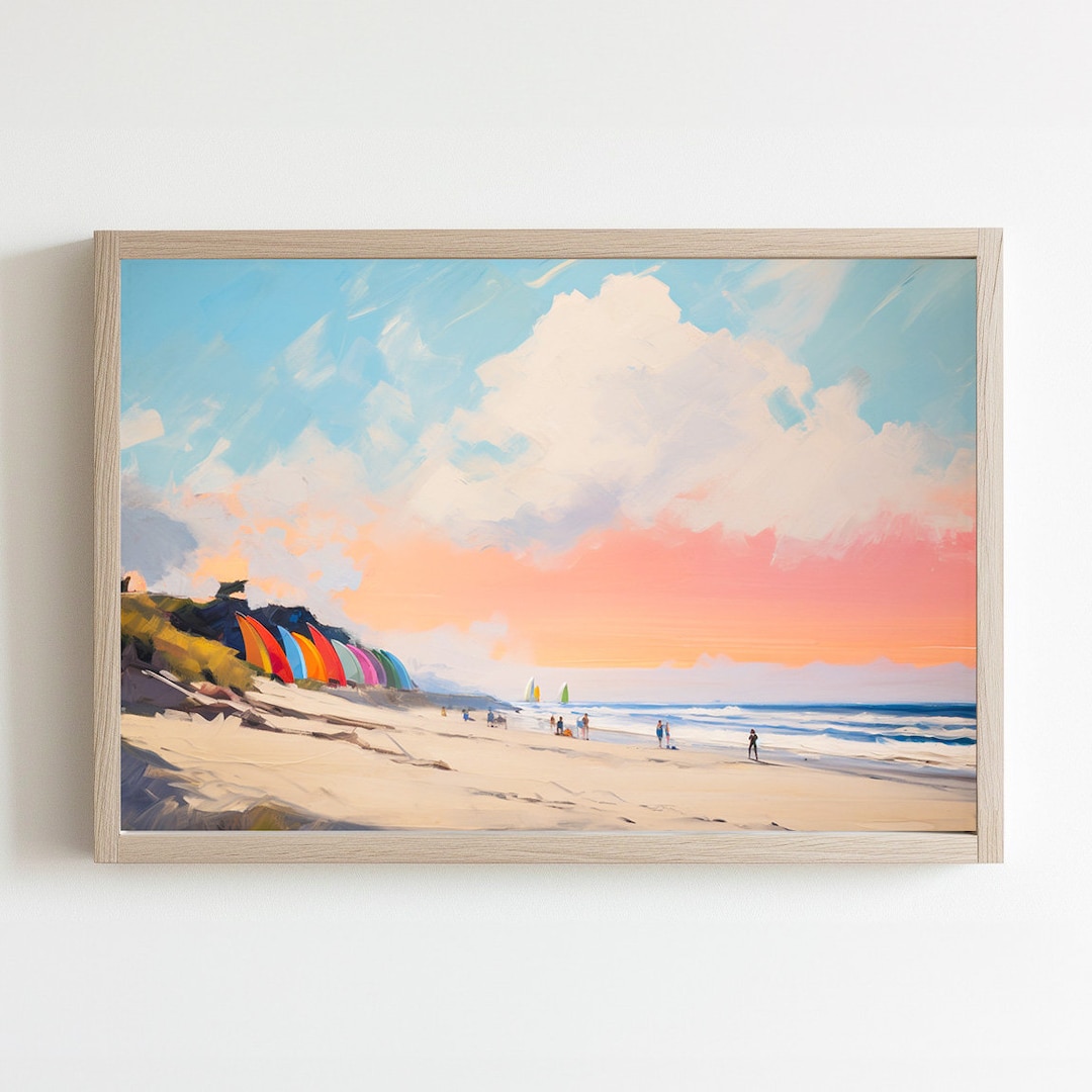 Pastel Pink Beach Scene Art Print, Beachscape Shoreline Canvas Painting ...