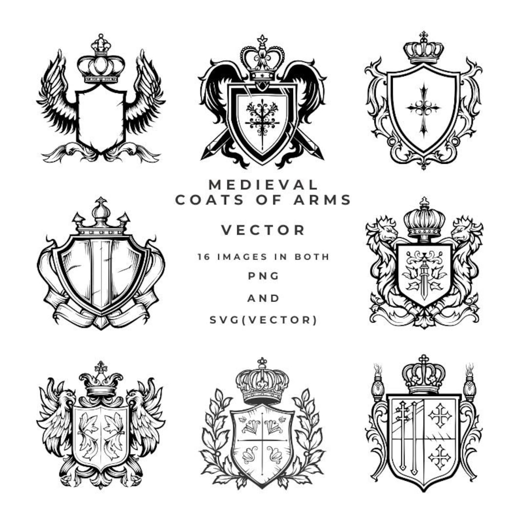 Medieval Coats of Arms, Vector SVG and Raster PNG Files, Set of 16, Transparent Background ...