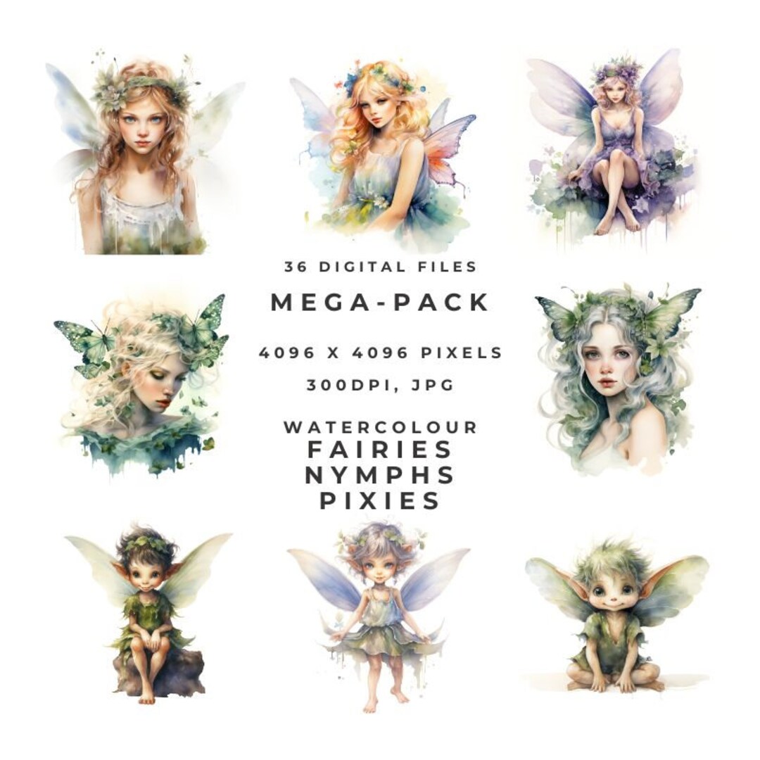 Fairy, Nymph, Pixie Mega-pack Watercolour Digital Pack set of 36, 4096 ...