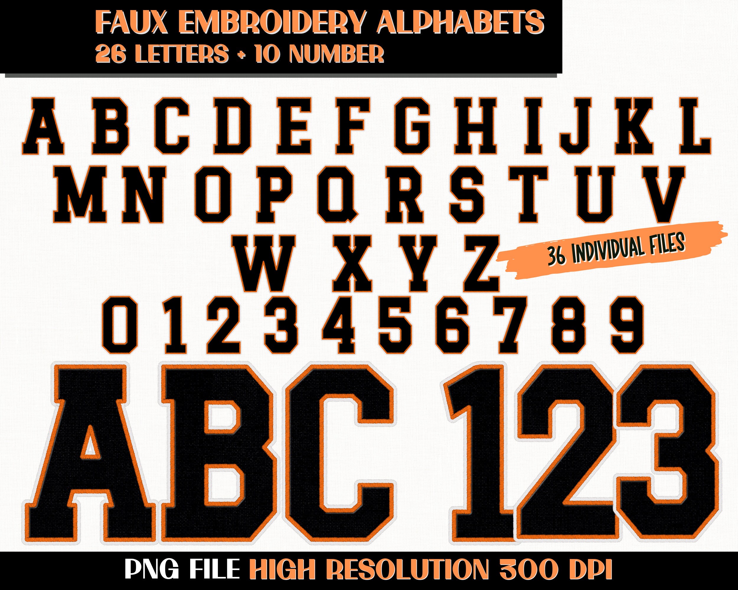 Faux Embroidery Alphabet PNG, Black Orange Varsity Letter, Faux Stitch ...
