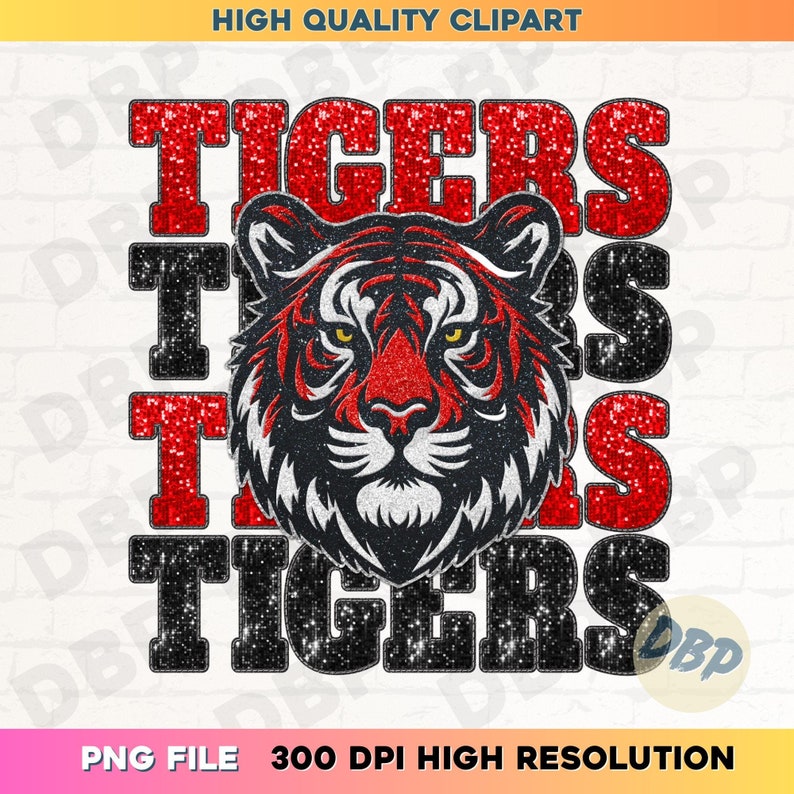 Black and Red Tigers Mascot PNG, Faux Sequin Tigers Design, Glitter ...