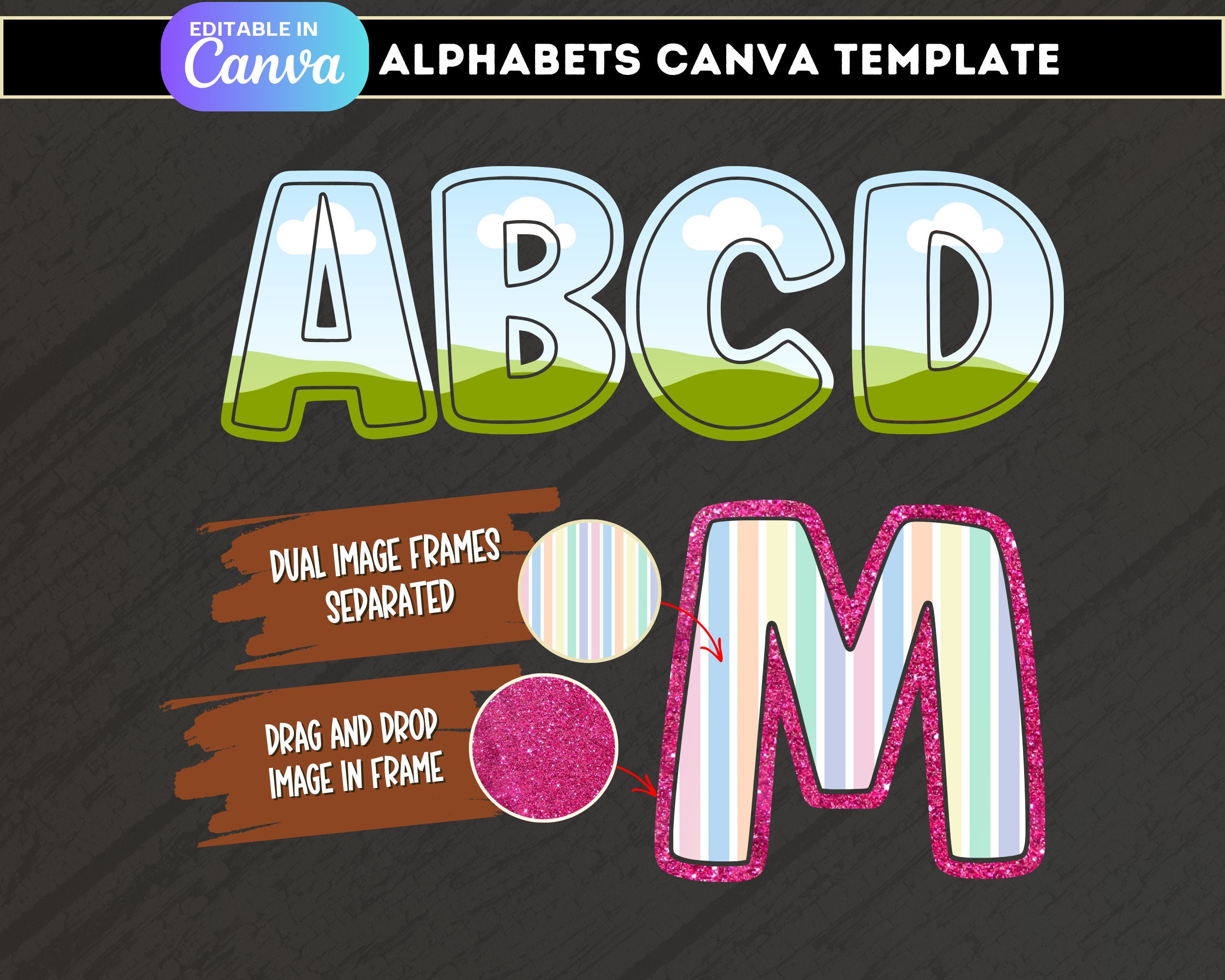 Alphabets Canva Frame, Editable Drag and Drop Letters, Sublimation Fill ...